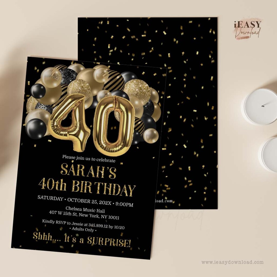 Editable 40th Birthday Invitation Black Gold Party Invite for Women or ...