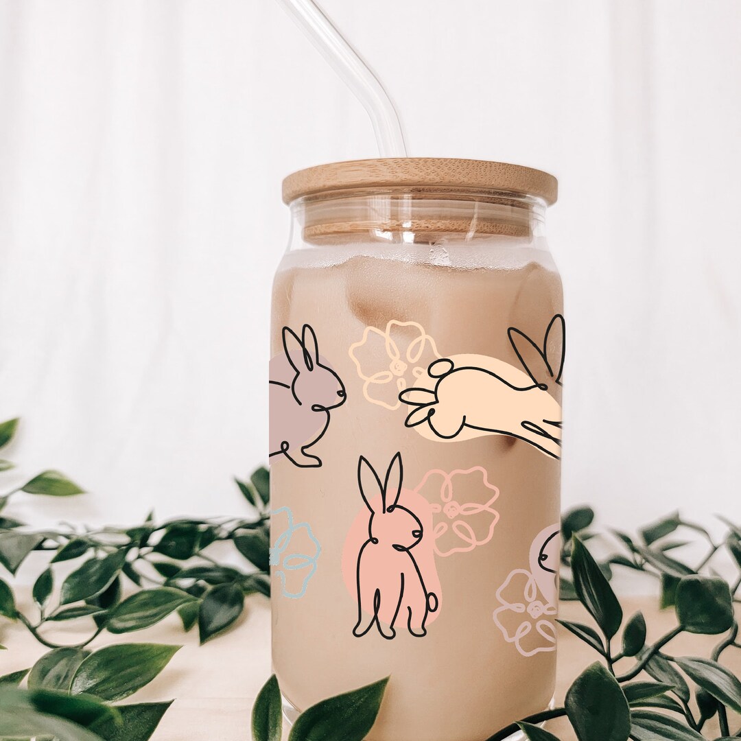 Easter Bunny Glass Can, Easter Bunnies Cup, Coffee Glass With Bamboo ...