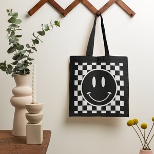 Checkered Smiley Face Tote Bags, Checkered Tote Bag, Smiley Face Bag ...