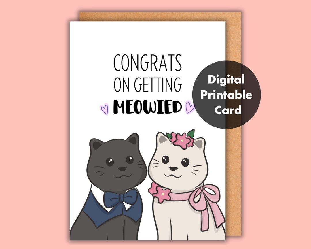 Wedding Card With Cat Bride and Groom, Printable Congratulations ...