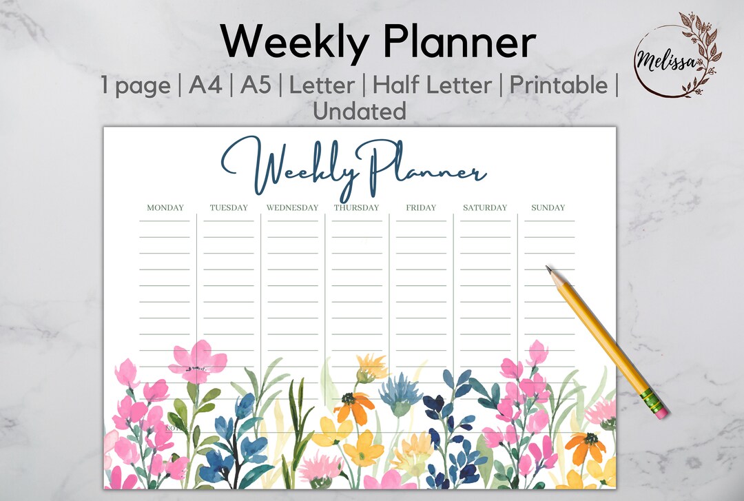 Weekly Planner Undated, Week at a Glance Printable, Week on One Page ...