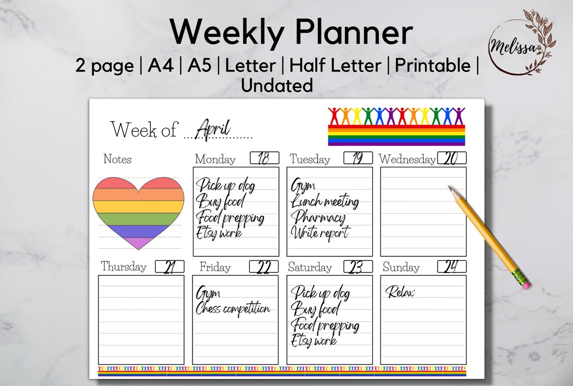 PRIDE Weekly Schedule Planner, Week at a Glance Printable, LGBTQ Weekly ...
