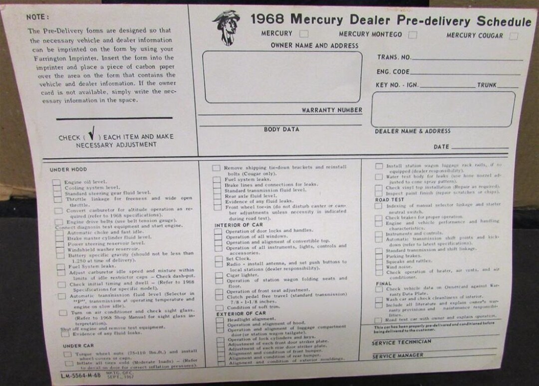 1968 Mercury Dealer Pre-delivery Service Sheet Checklist Cougar Cyclone ...