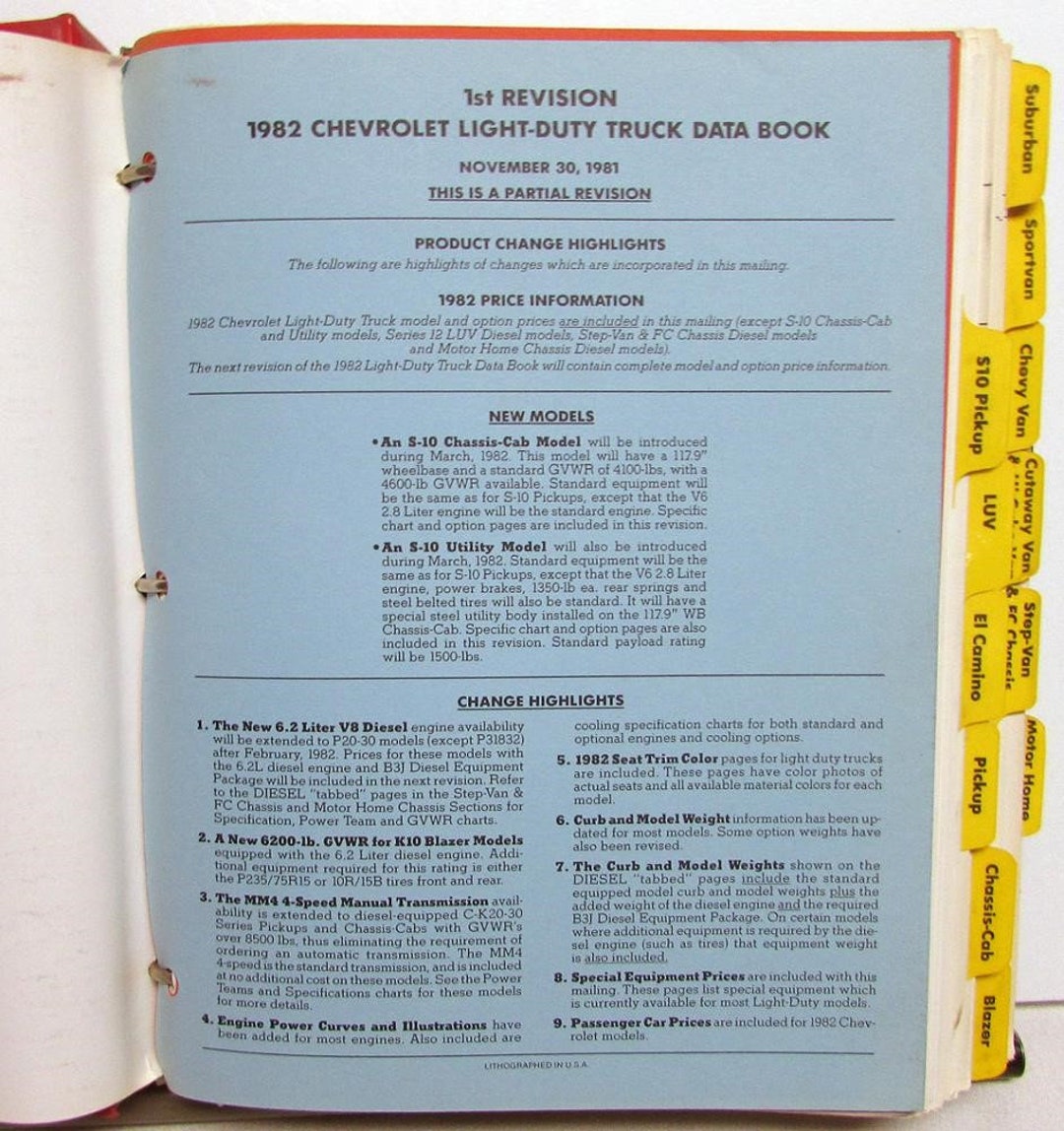 1982 Chevrolet Truck Light Duty Dealer Data Book S10 El Camino Pickup ...