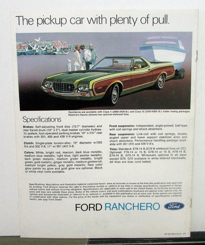 1972 Ford Ranchero 500 GT Squire Pickup Car Truck Sales Brochure ...