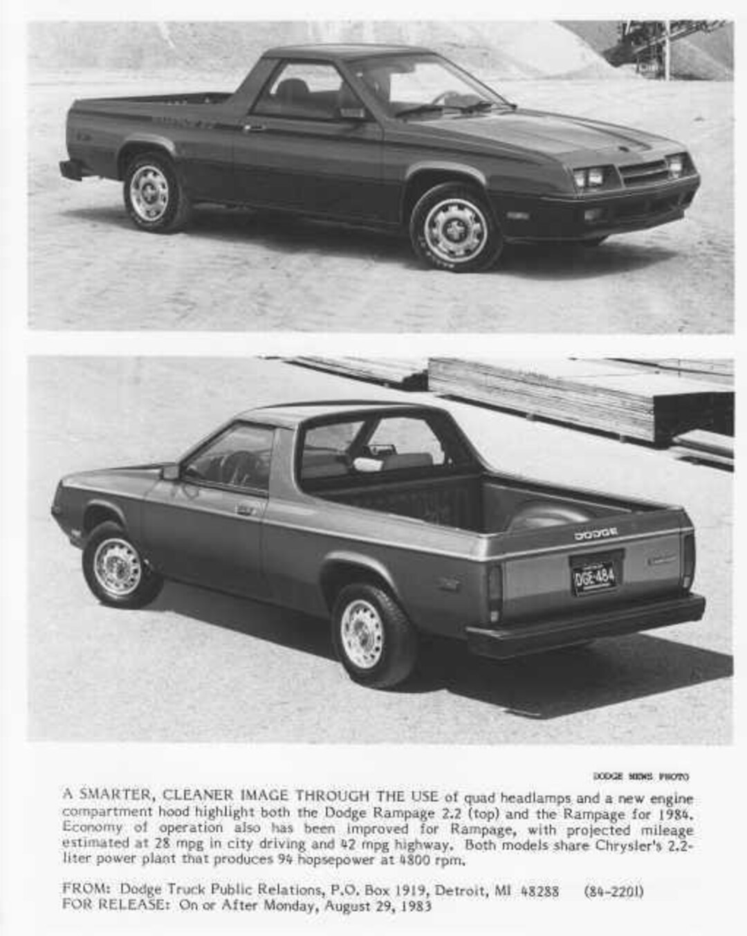 1984 Dodge Rampage Truck Press Photo 0275 - Etsy