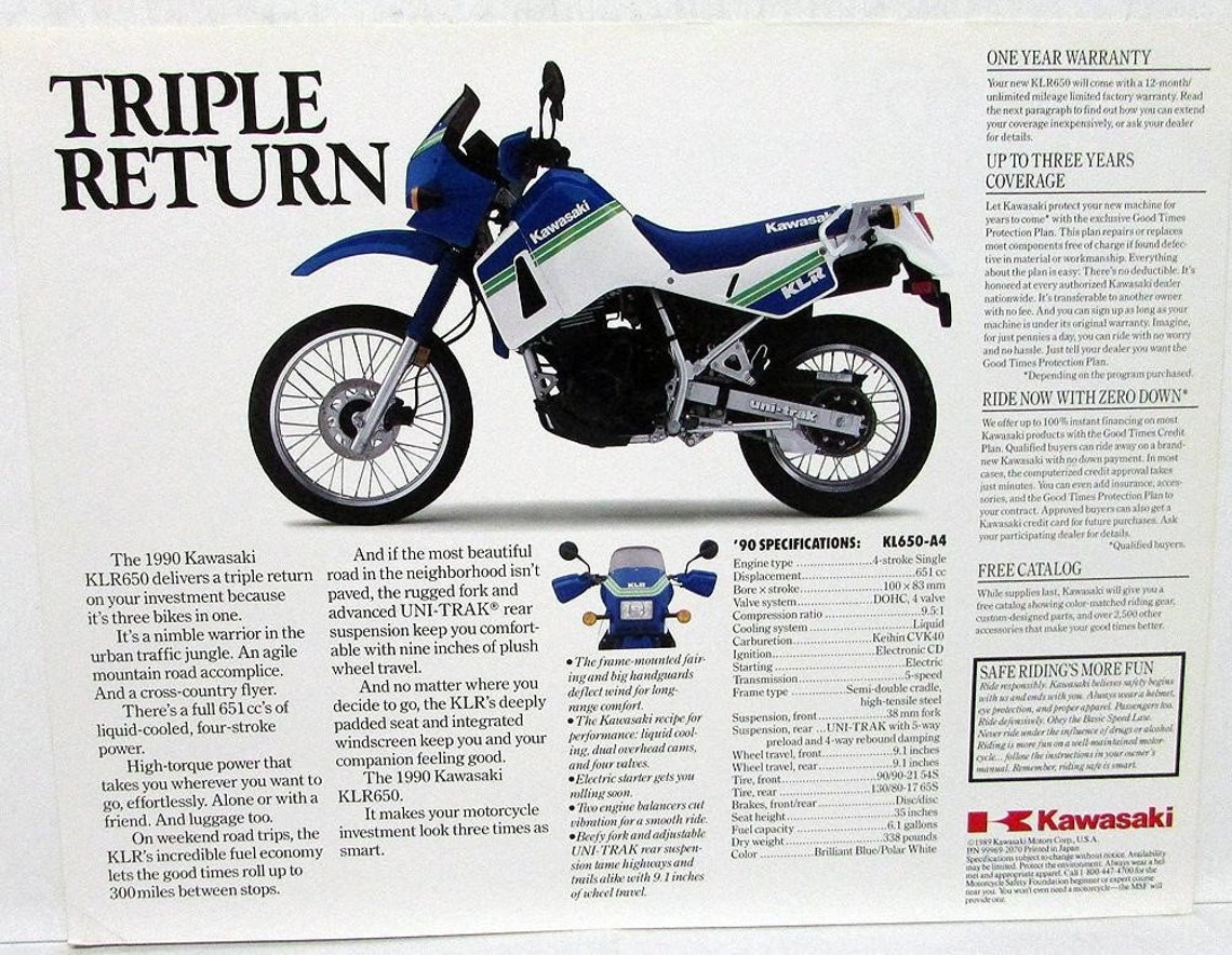 1990 Kawasaki KLR 650 Motorcycle Dealer Sales Brochure Data Sheet KL650-A4 - Etsy