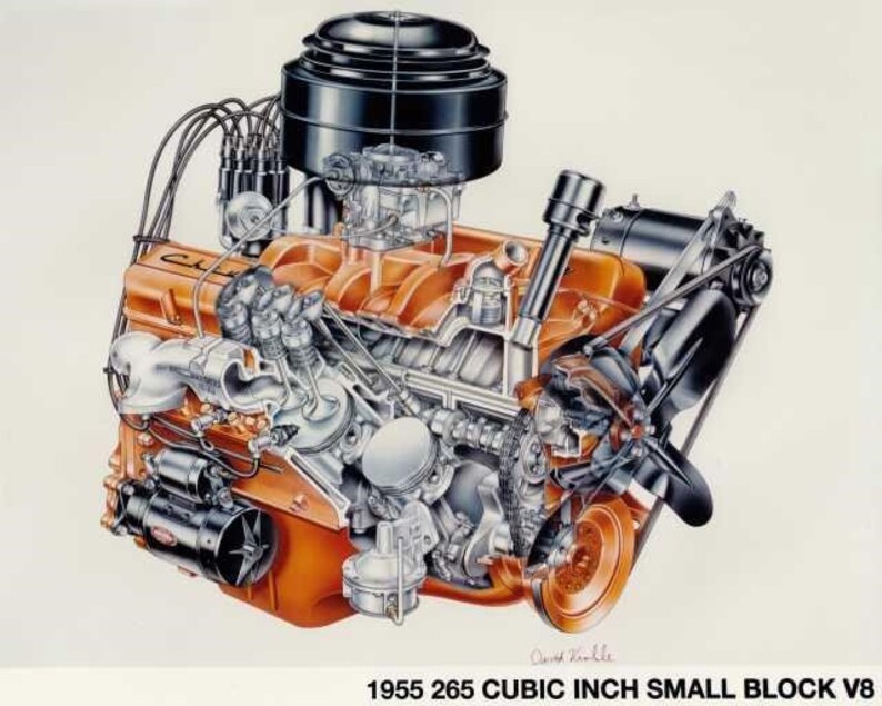 1955 Chevrolet 265 Cu in V8 Engine Cutaway Color Illus Press Photo ...