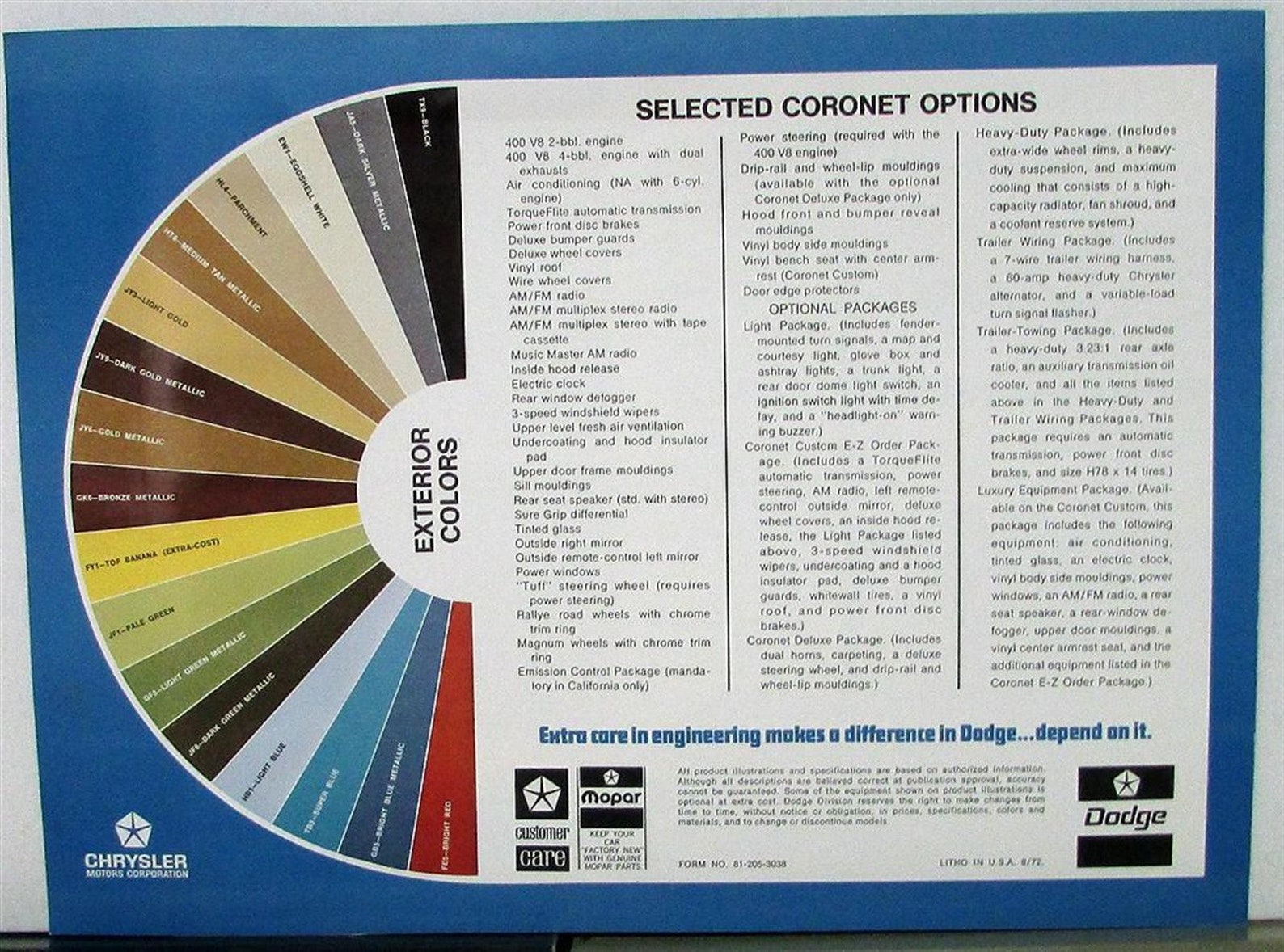1973 Dodge Coronet Color Sales Folder Original Specs Equip Exterior ...