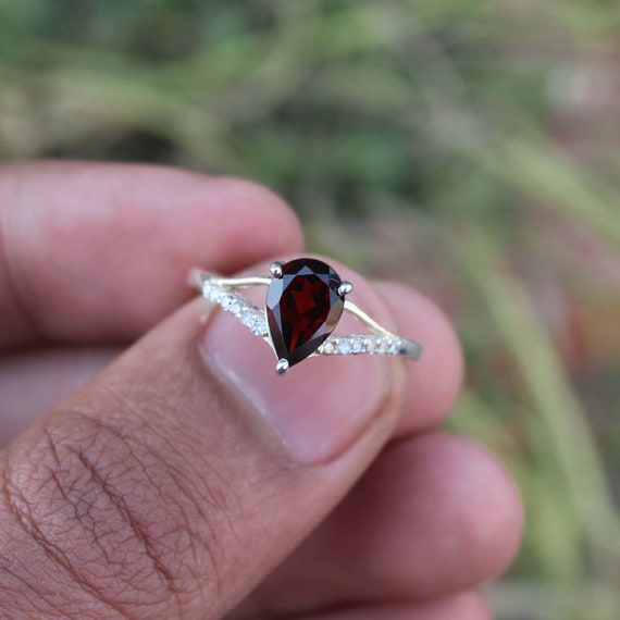 Natural Garnet Ring Pear Cut Gemstone Ring Stacking Ring 925 - Etsy