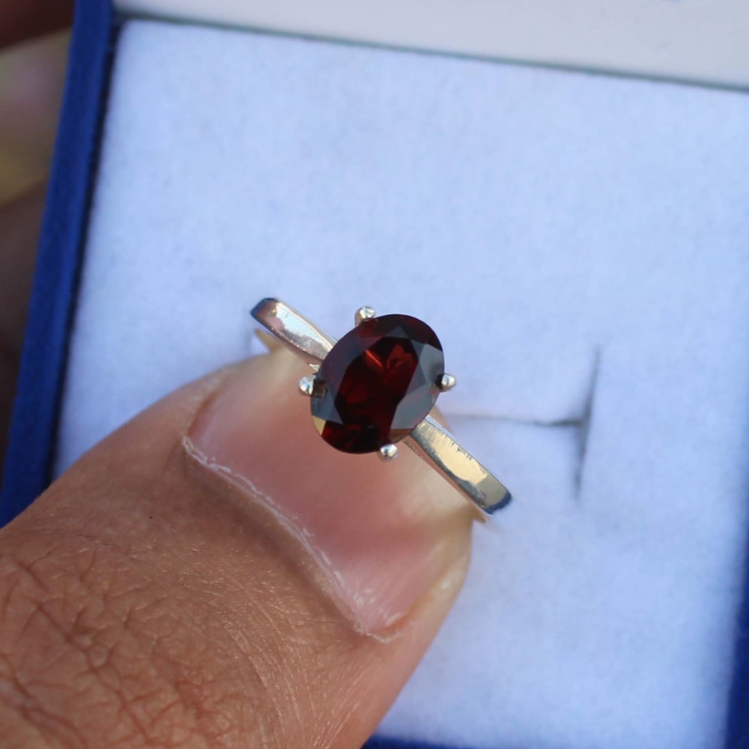 Natural Red Garnet Ring, 925 Sterling Silver Ring, Simple Anniversary ...