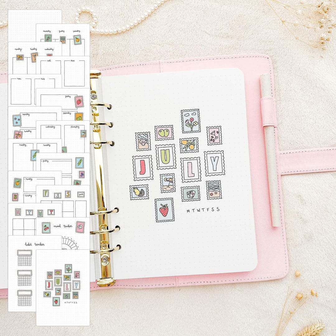 Ring Binder Inserts A5 | July | Stamps Theme | Monthly Planner Undated ...