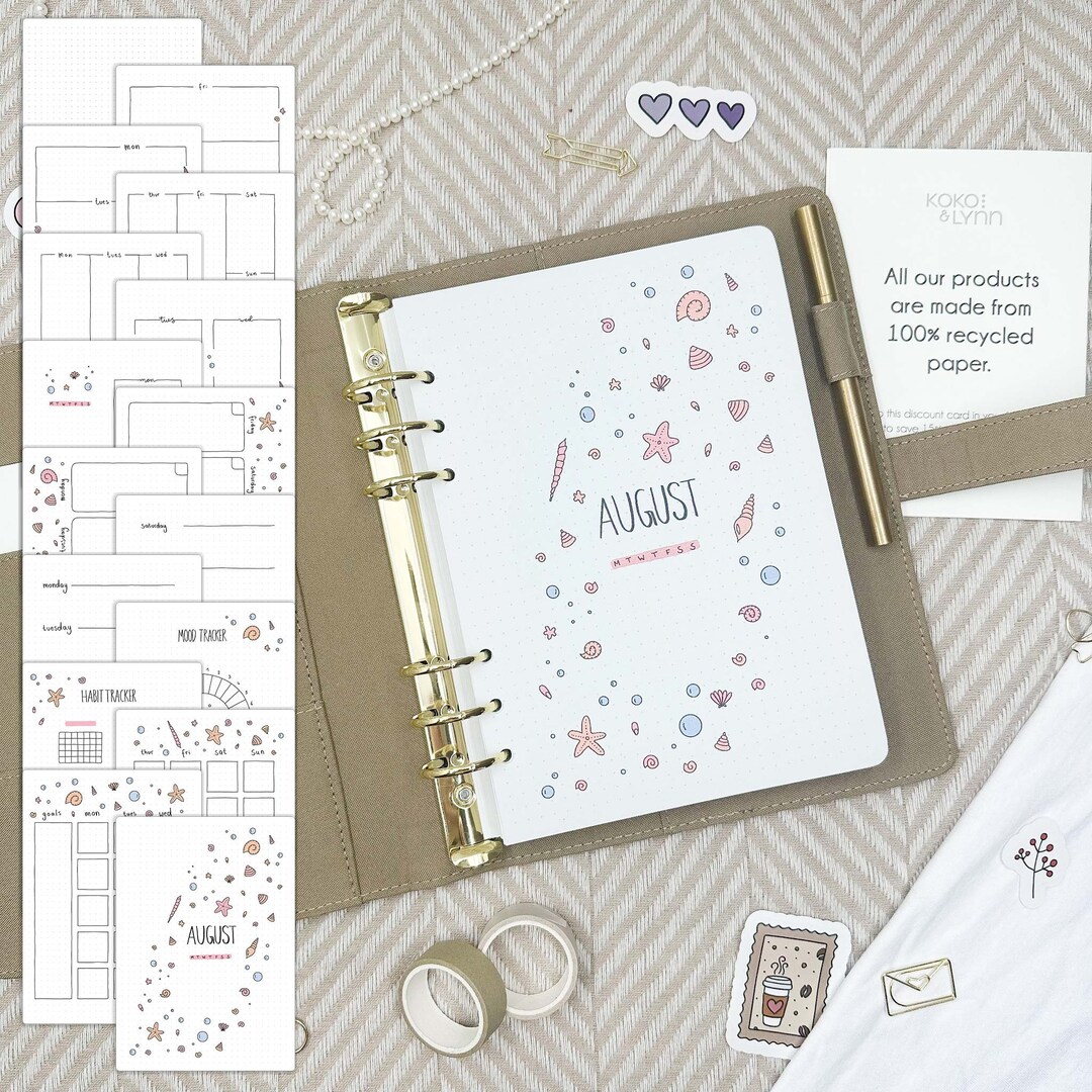 Ring Binder Inserts | August Monthly Planner Undated | 16 Hand-drawn ...