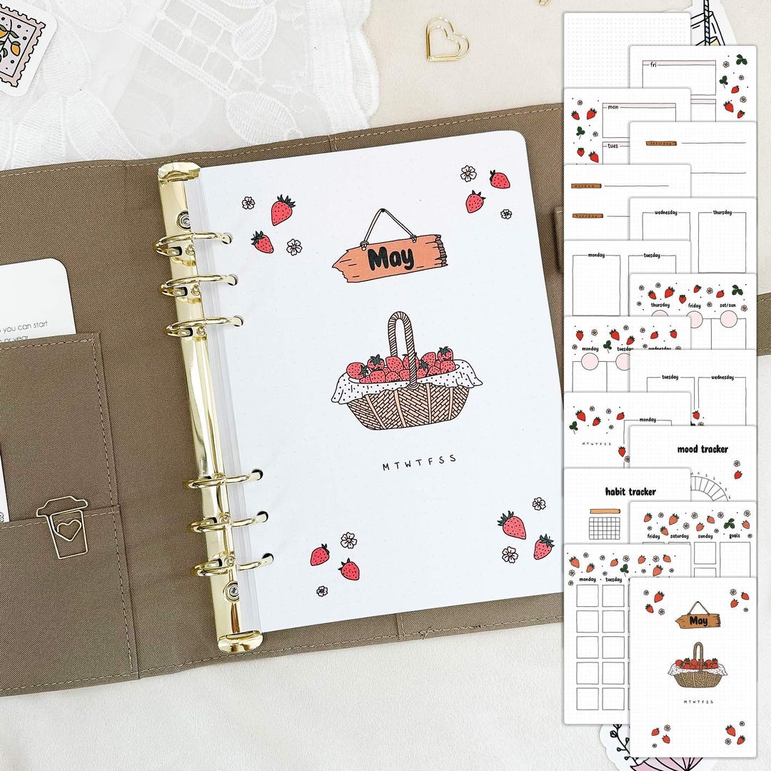 Ring Binder Inserts | May | Strawberries | Monthly Planner Undated | 16 ...