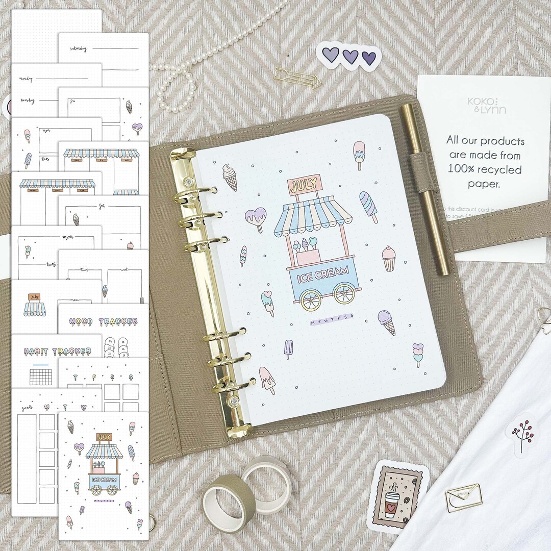 Ring Binder Inserts | July | Ice Cream Theme | Monthly Planner Undated ...