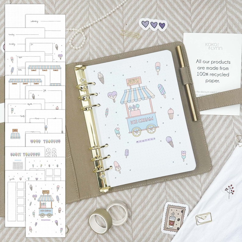 Ring Binder Inserts | July | Ice Cream Theme | Monthly Planner Undated ...