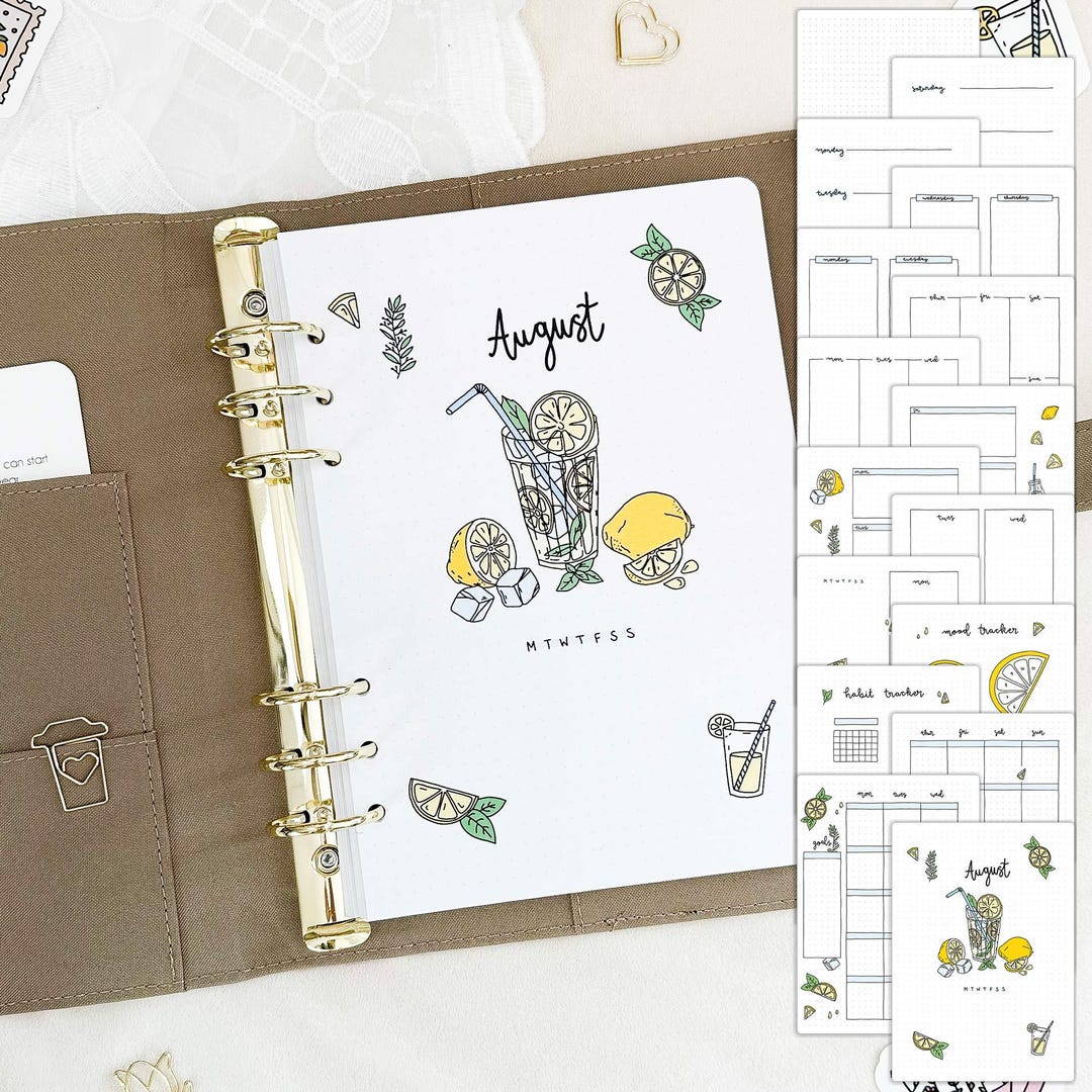 Ring Binder Inserts | August | Lemon Theme | Monthly Planner Undated ...