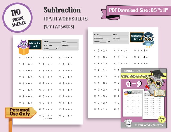 1st Grade Subtraction Worksheets for Kids Montessori Math - Etsy