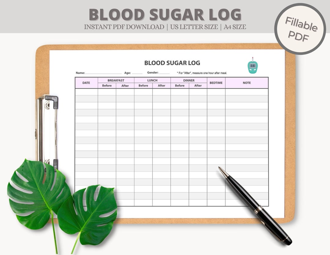 Blood Sugar Log, Diabetes Printable, Blood Sugar Tracker, Diabetic Log ...