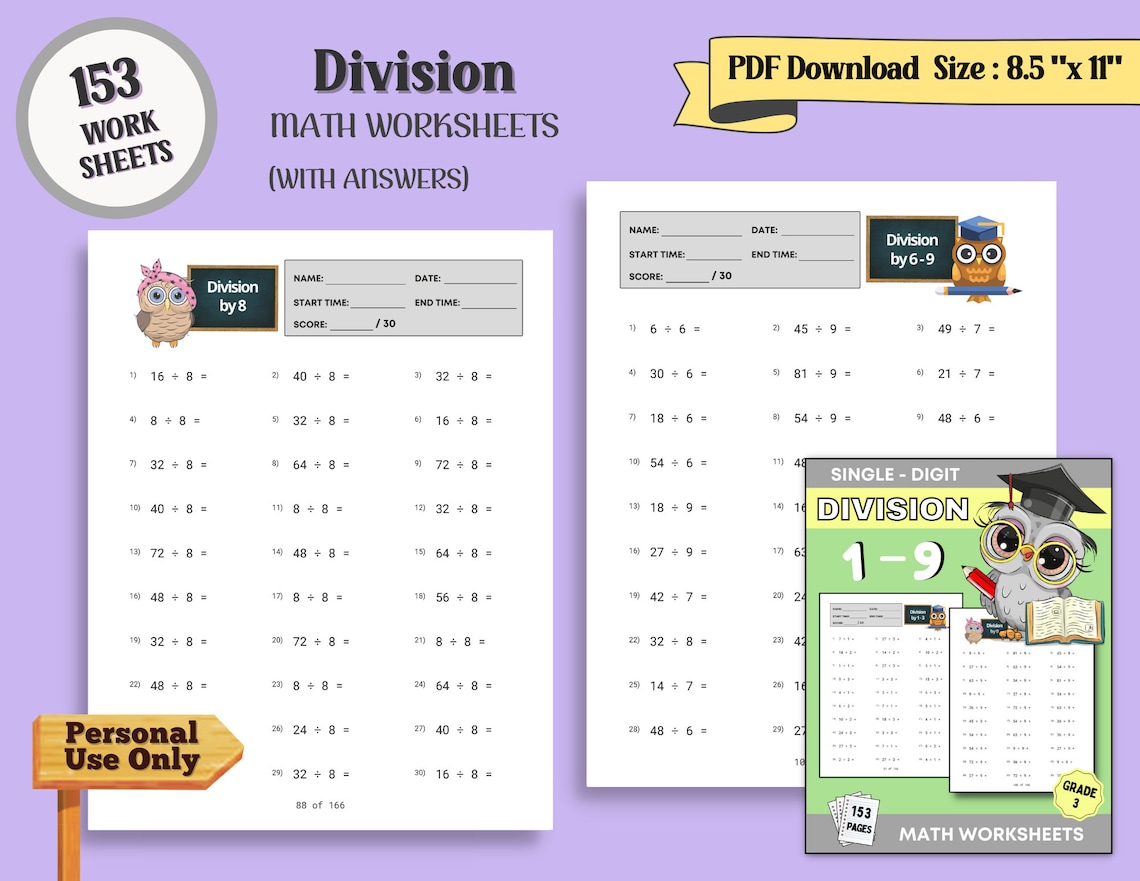 Division Worksheets for Kids, 3rd Grade, Montessori Math, Grade 3 ...