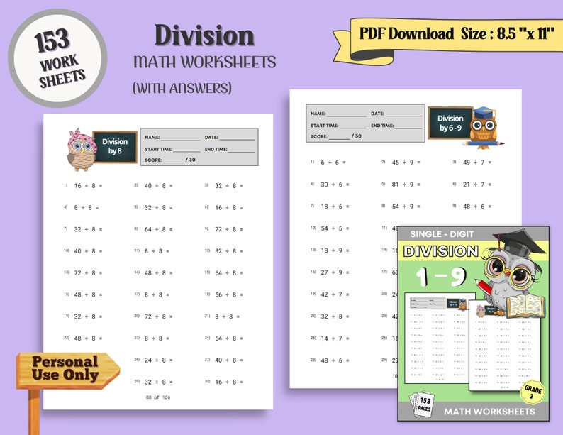 Division Worksheets for Kids, 3rd Grade, Montessori Math, Grade 3 ...