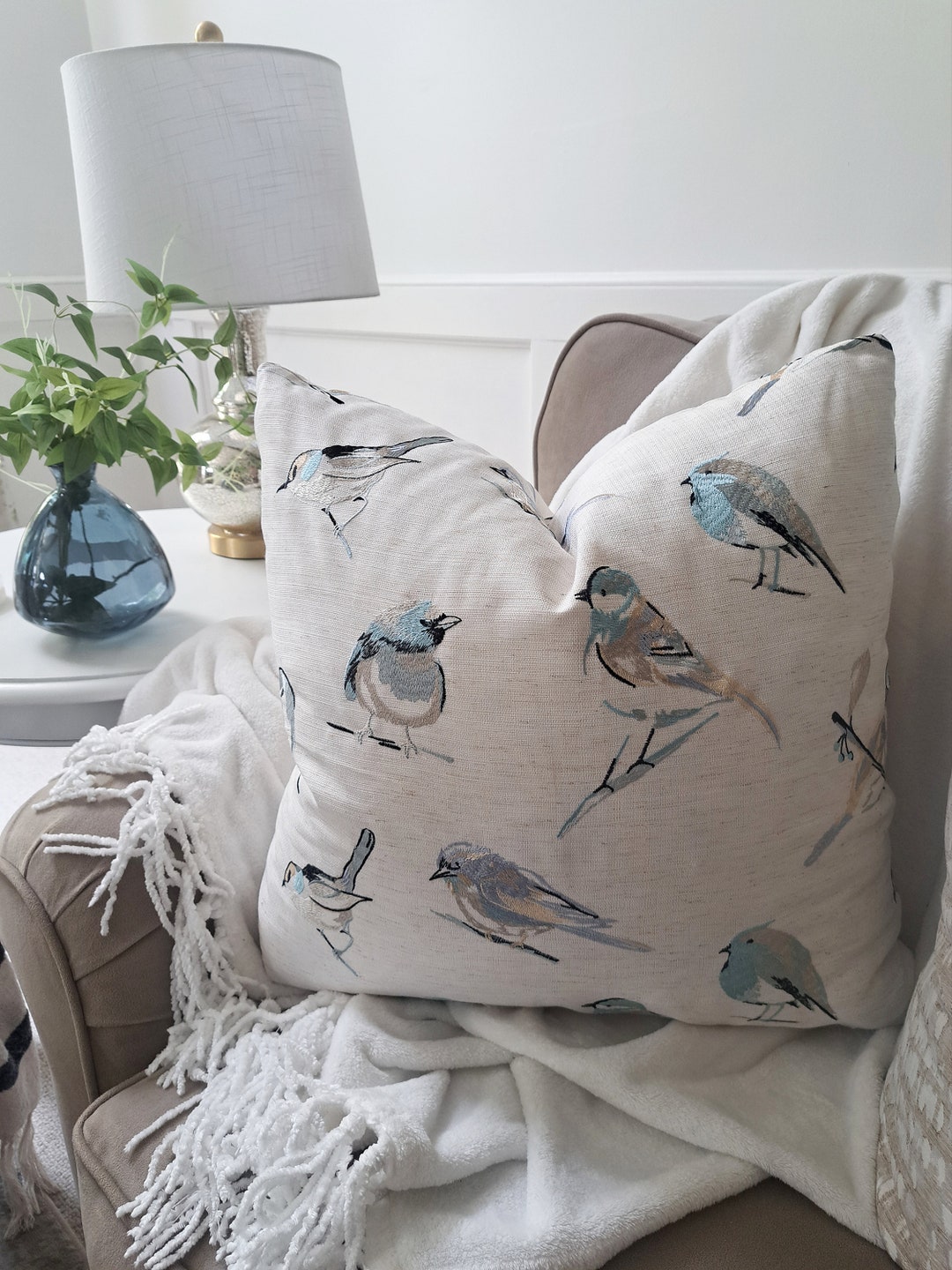 Embroidered Blue Bird Pillow Cover - Etsy