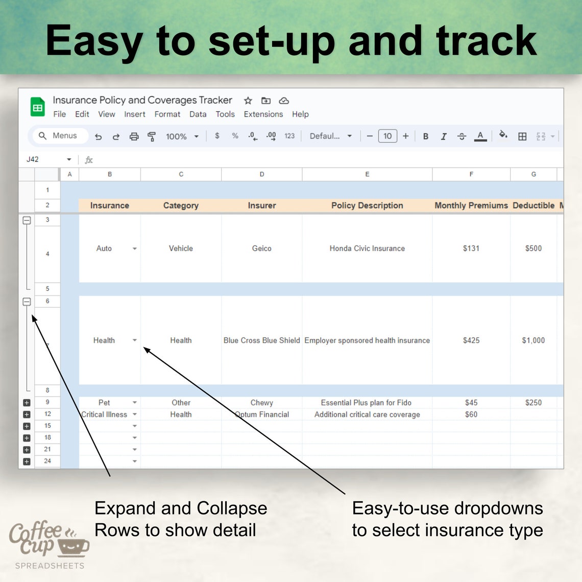 Insurance Policy and Coverage Tracker Excel and Google Sheet - Etsy