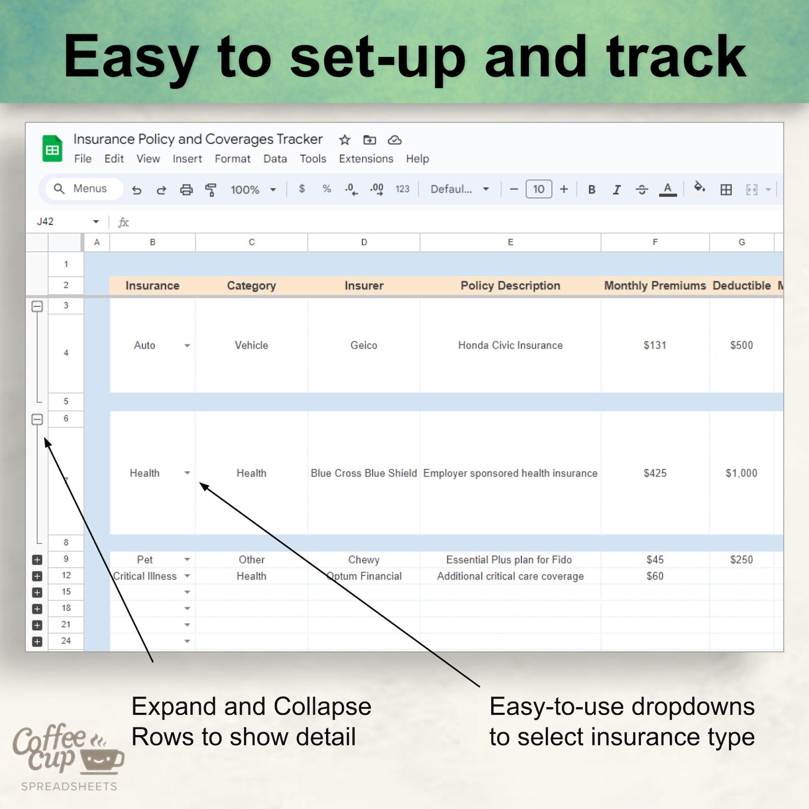 Insurance Policy and Coverage Tracker Excel and Google Sheet - Etsy