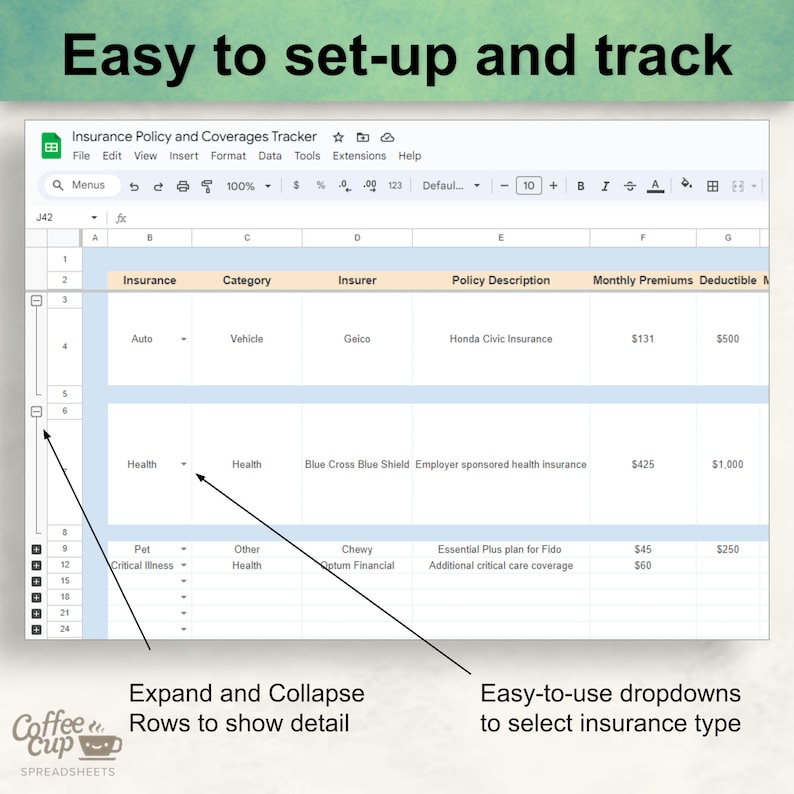 Insurance Policy and Coverage Tracker Excel and Google Sheet - Etsy