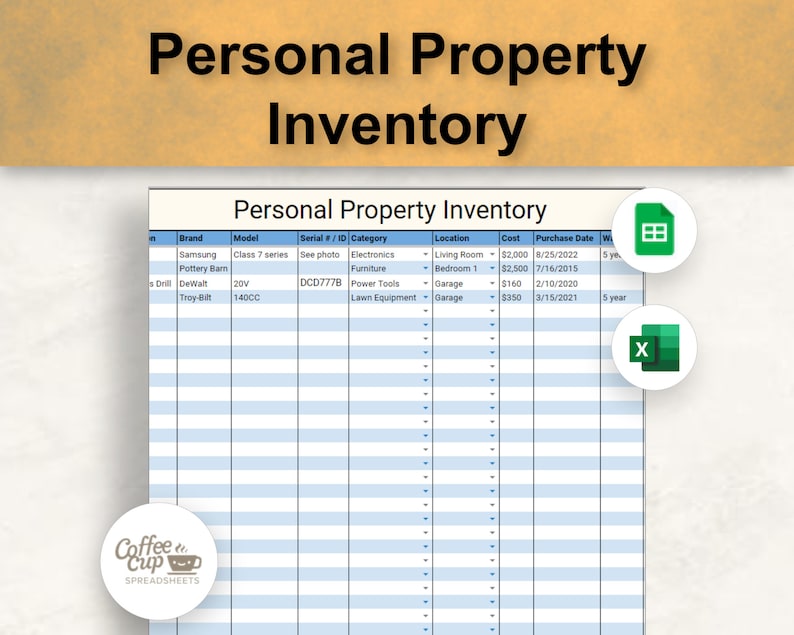 Personal Property Inventory List: Google Sheets & Excel Home Inventory ...