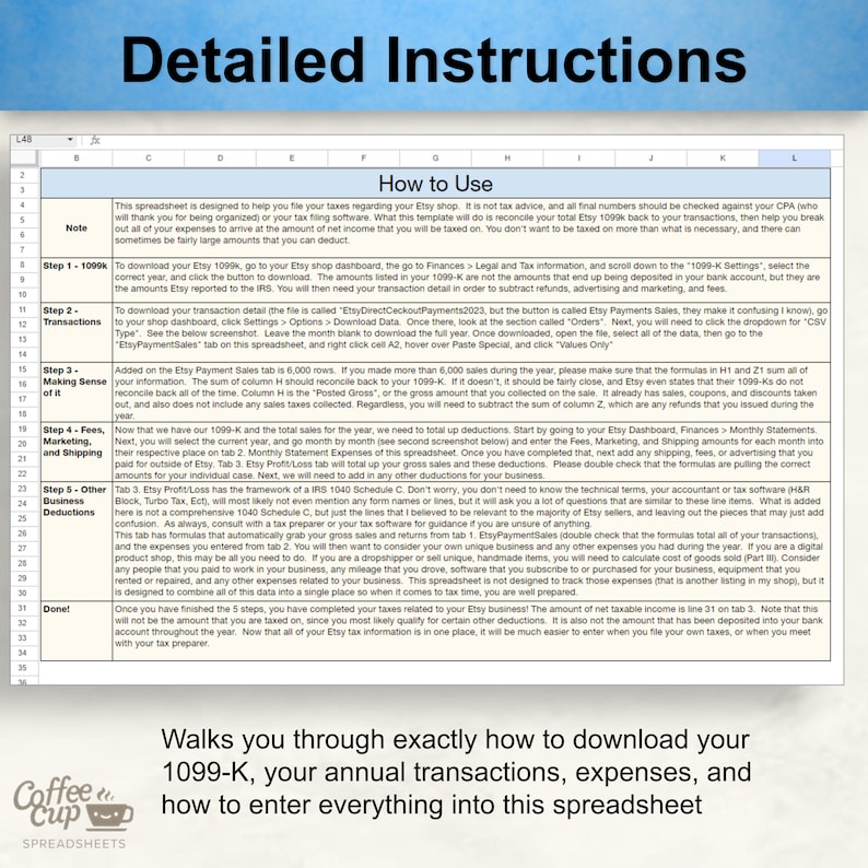 Etsy 1099K Tax Planner Assistance Template: Google Sheet & Excel ...