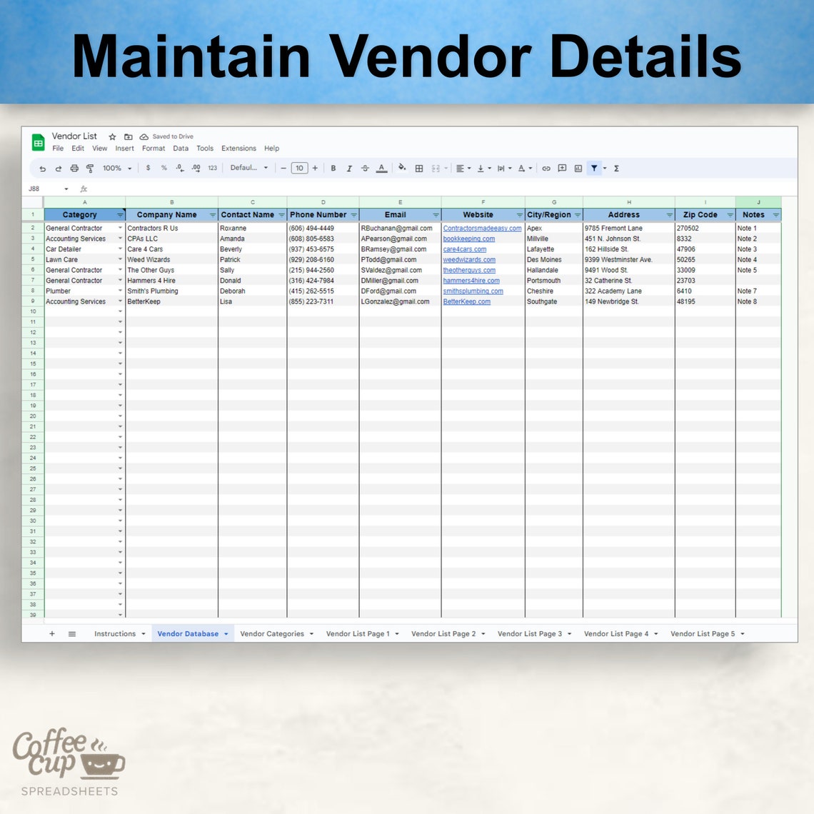Vendor Contact List Google Sheet and Excel Template Database - Etsy
