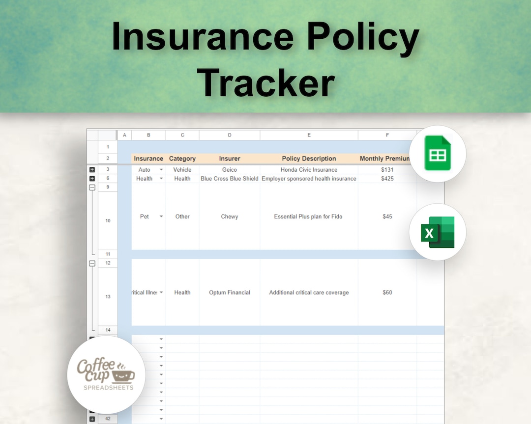 Insurance Policy and Coverage Tracker Excel and Google Sheet - Etsy