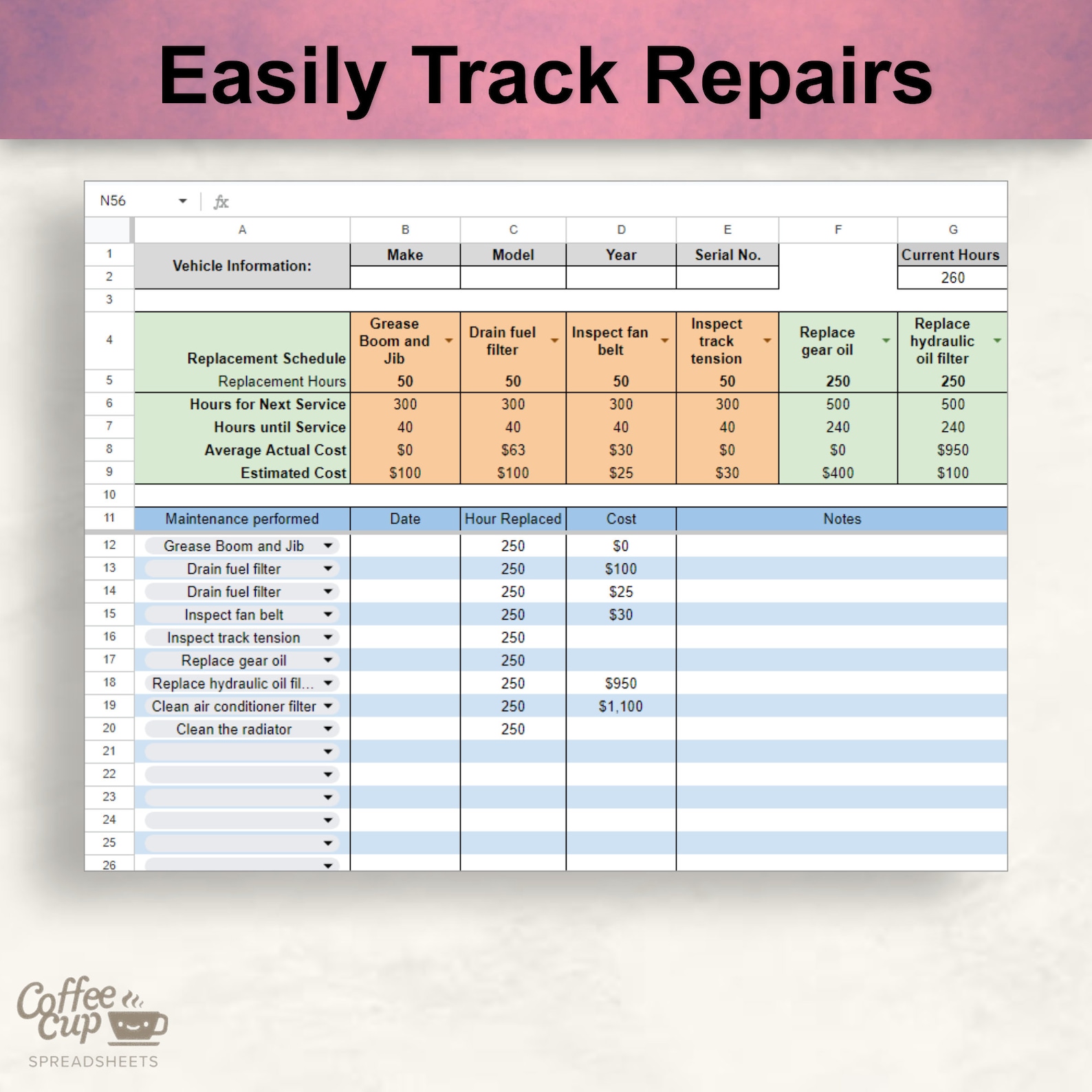 Equipment Maintenance Tracker Excel and Google Sheet - Etsy