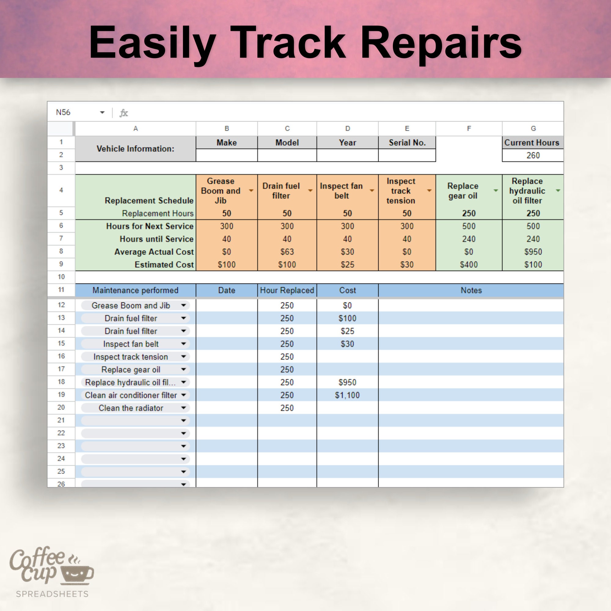 Equipment Maintenance Tracker Excel and Google Sheet - Etsy