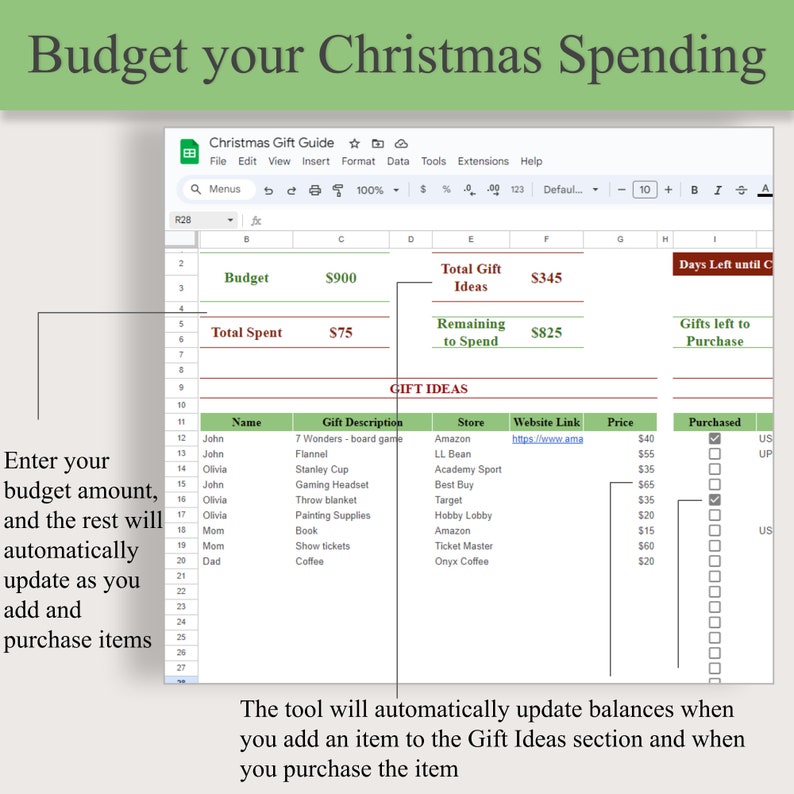 Christmas Budget Google Sheet | Christmas Wishlist Tracker Excel ...
