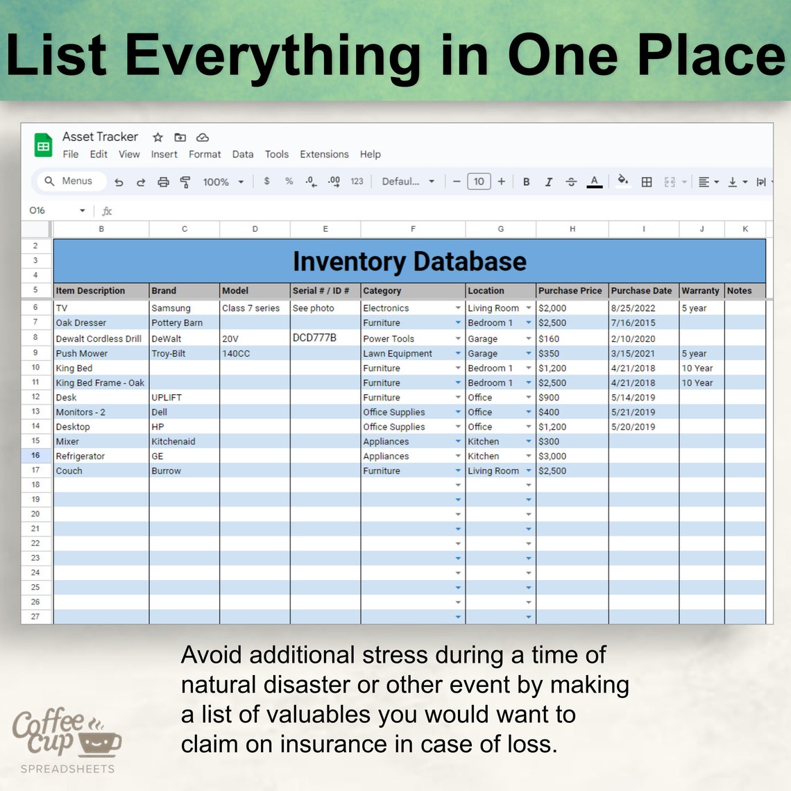 Printable Asset List Tracker for Insurance Claims: Excel & Google ...