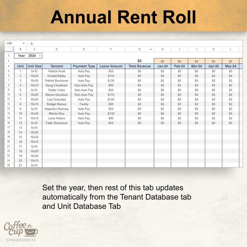 Self Storage Unit Rent Roll: Monthly/annual Tracker Google Sheets ...
