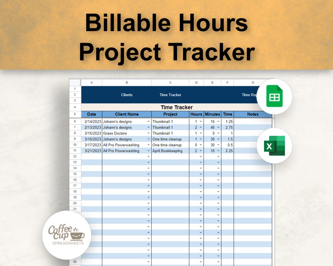 Billable Hours Project Tracker and Invoice Google Sheet and Excel ...