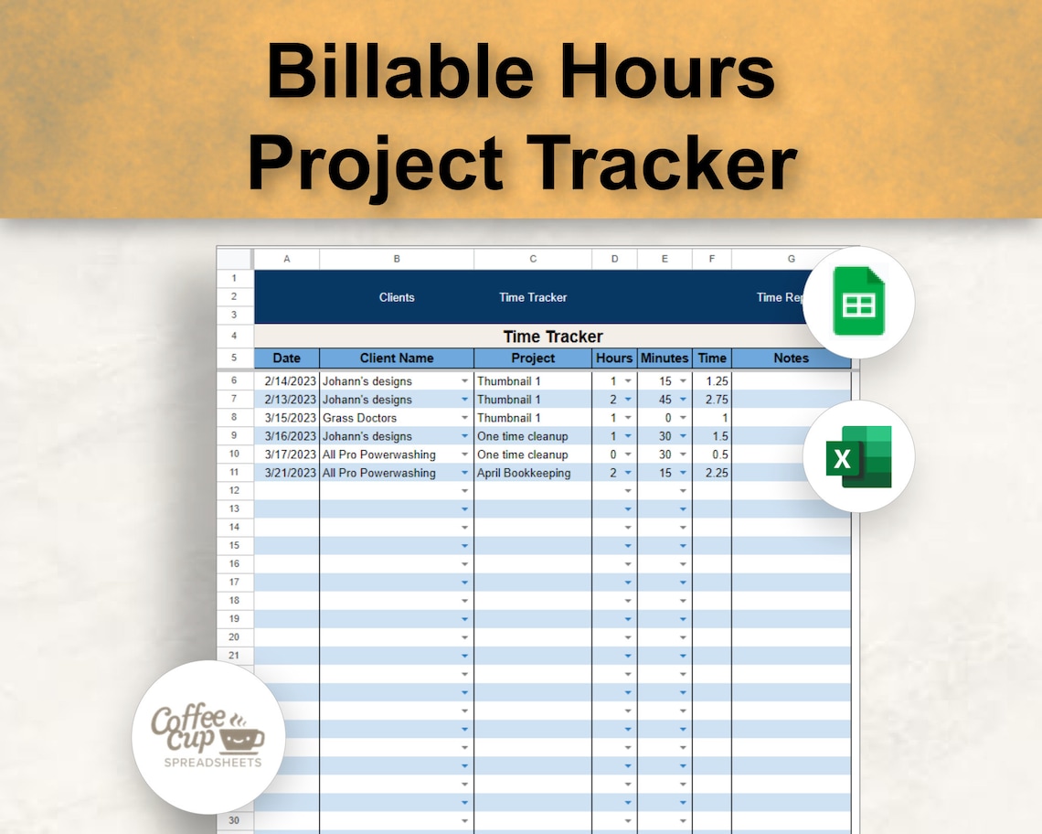 Billable Hours Project Tracker Template With Invoices: Google Sheet & Excel - Etsy