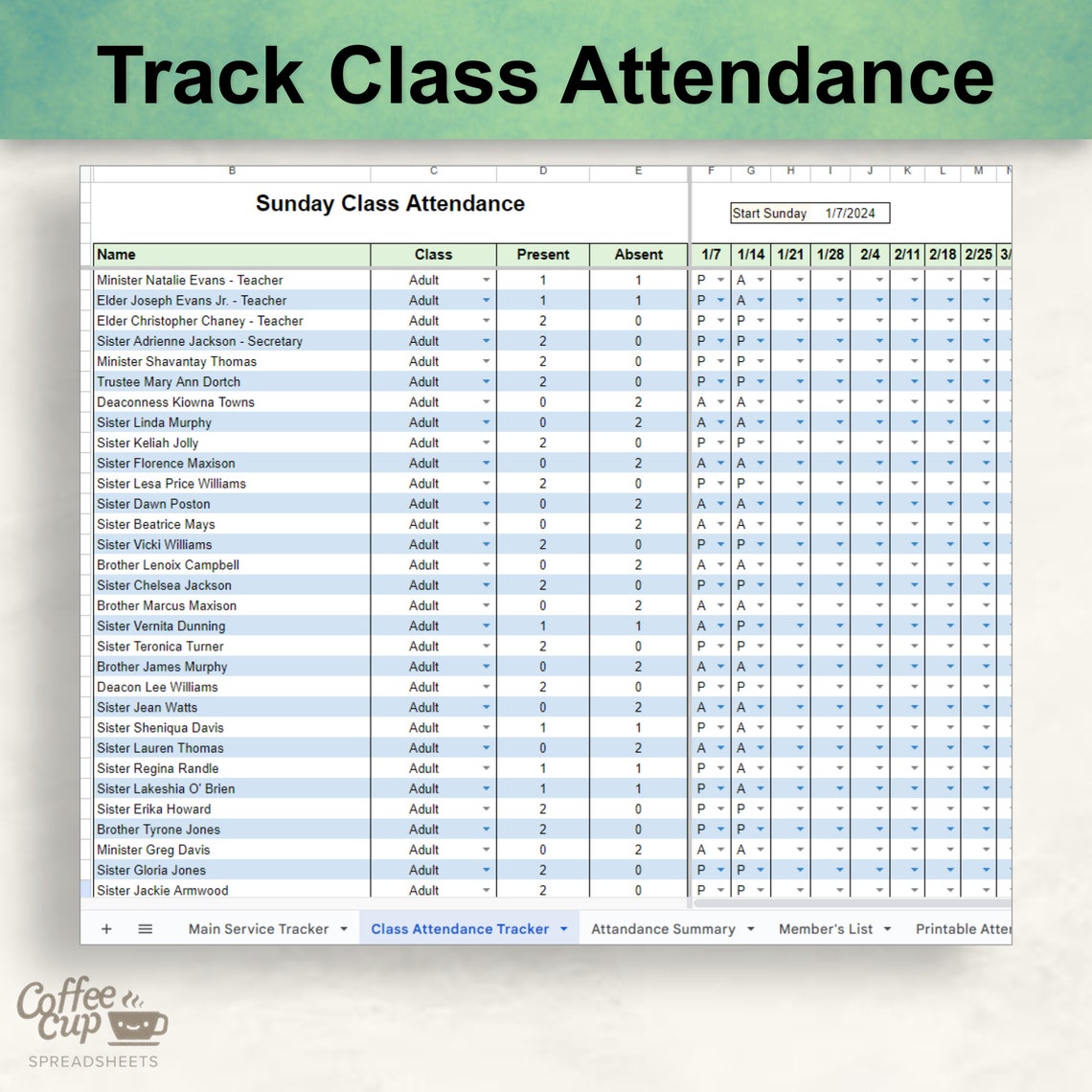 Church Attendance Tracker Google Sheet Employee Attendance Tracker ...