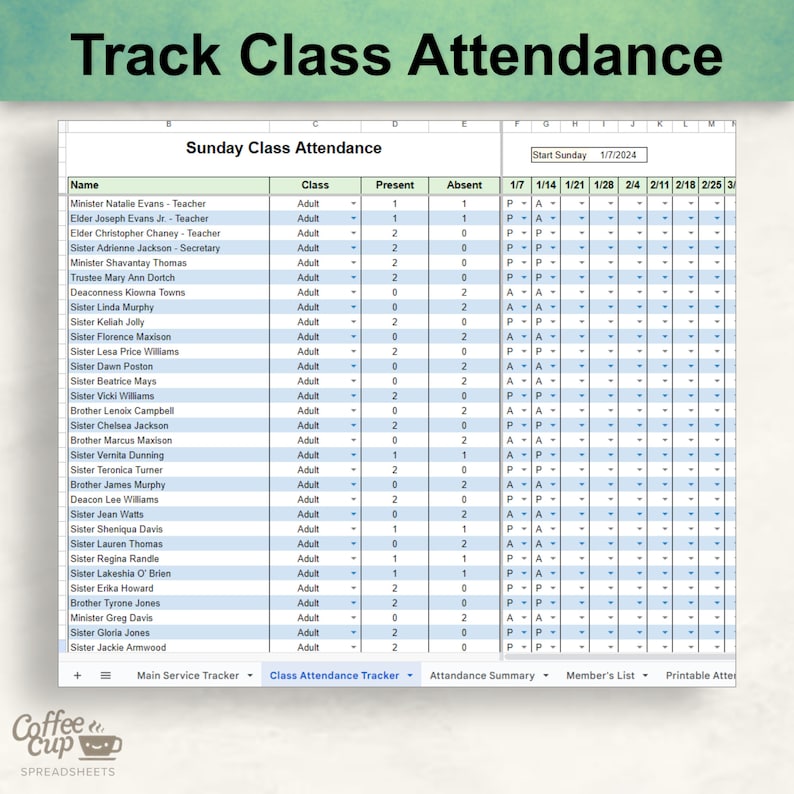 Church Attendance Tracker Template: Google Sheet & Excel - Etsy