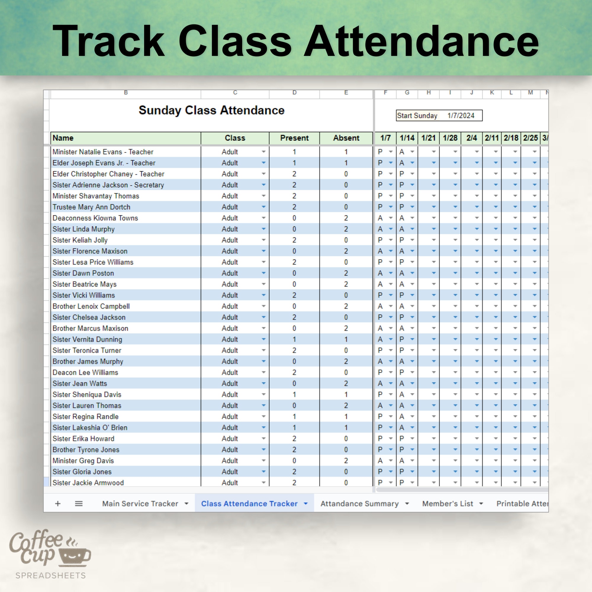 Church Attendance Tracker Template: Google Sheet & Excel - Etsy