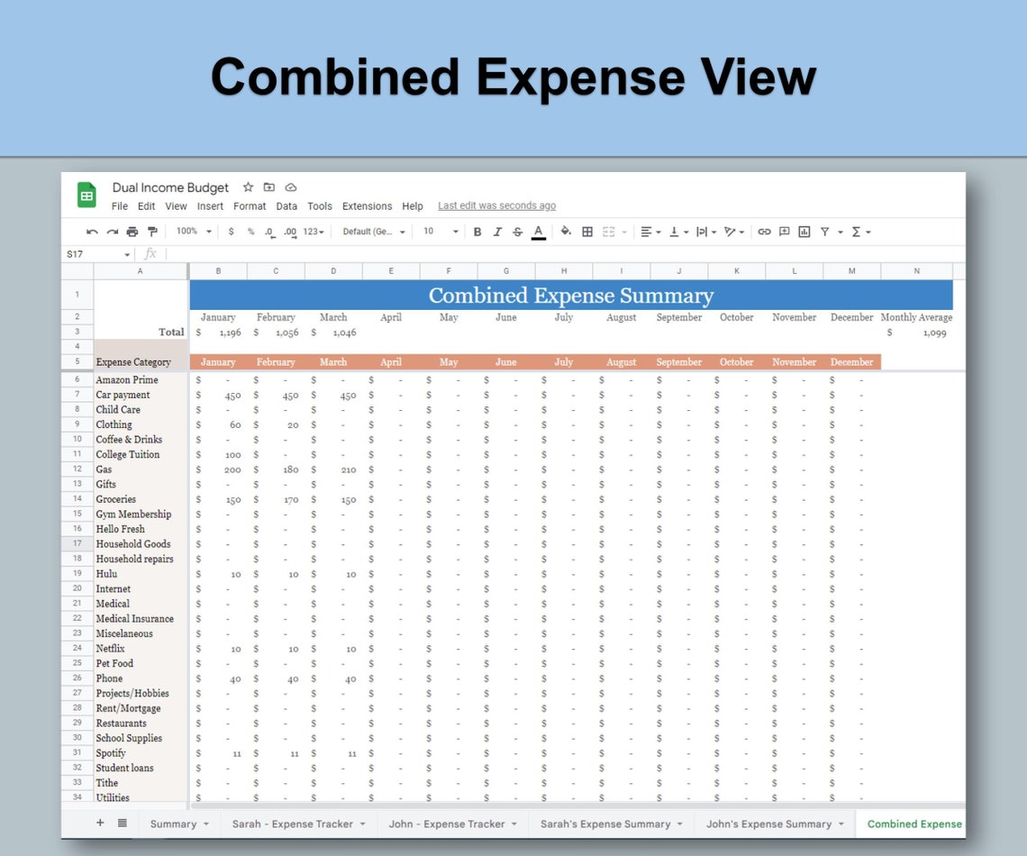 Dual Income Budget Google Sheet | Shared and Individual Expense ...