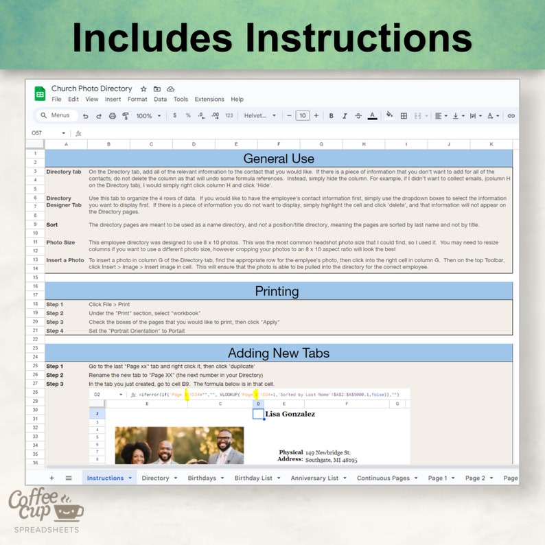 Church Photo Directory Google Sheet - With Birthday and Anniversary ...