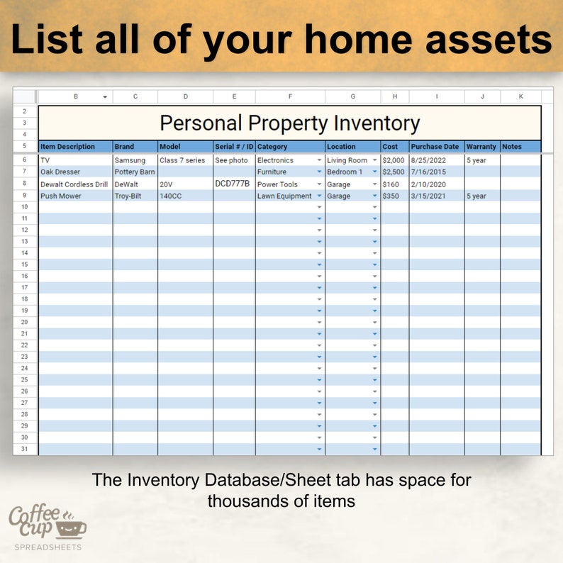 Personal Property Inventory List: Google Sheets & Excel Home Inventory ...