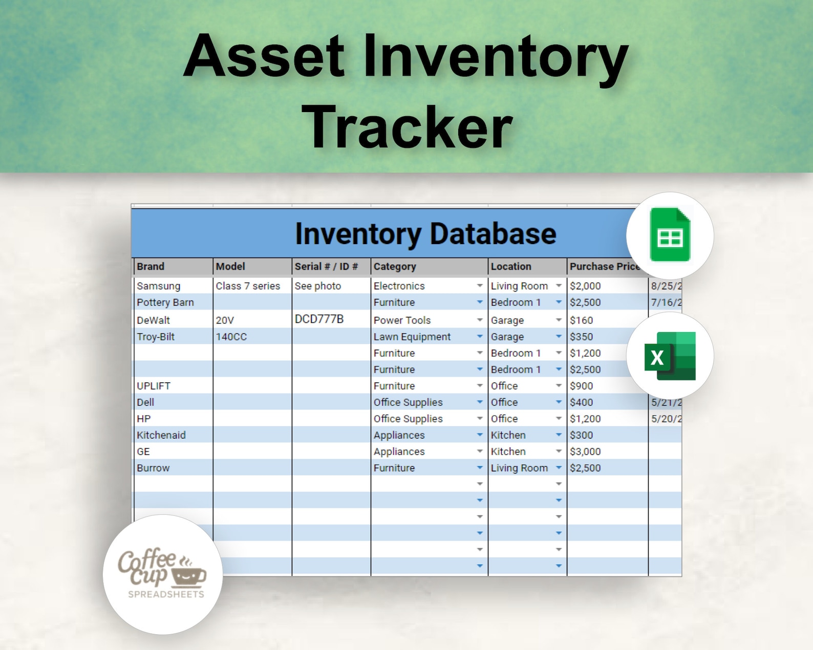 Asset Tracker Excel and Google Sheet | Small Business Fixed Assets ...