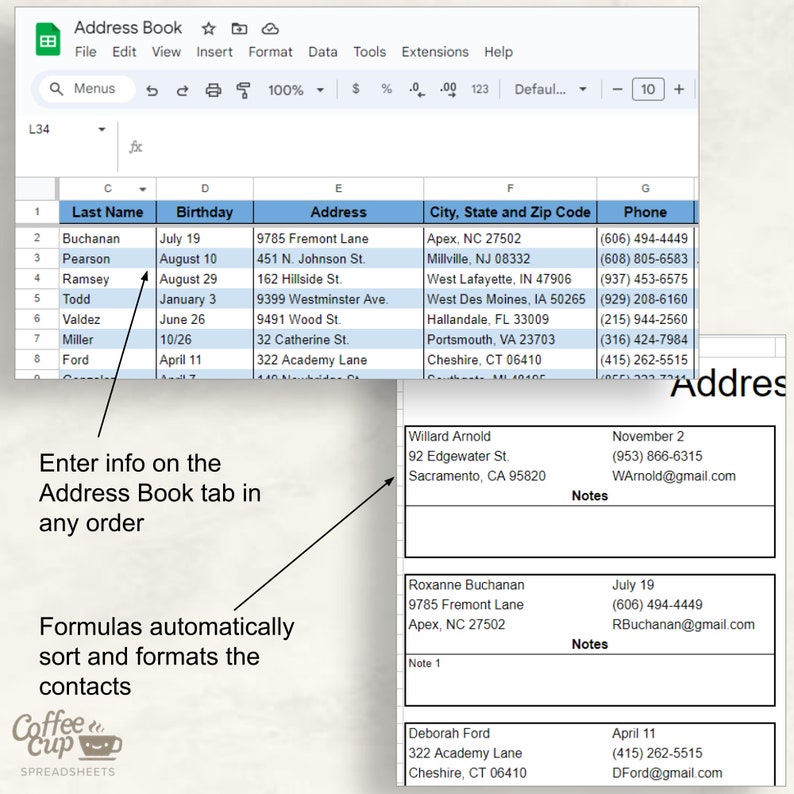 Digital Address Book: Google Sheet & Excel Template (printable Download ...