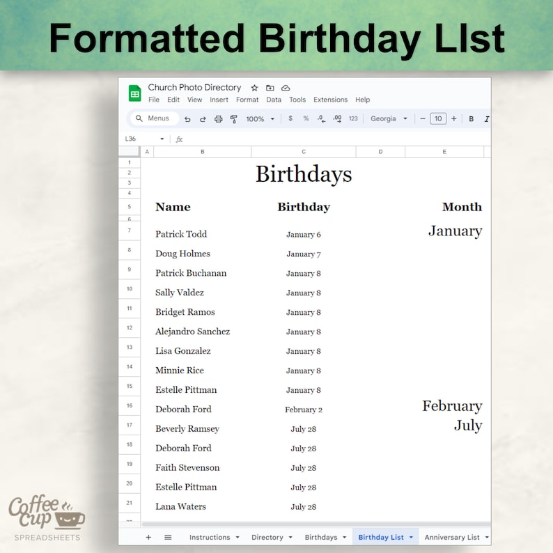 Church Photo Directory Google Sheet - With Birthday and Anniversary ...
