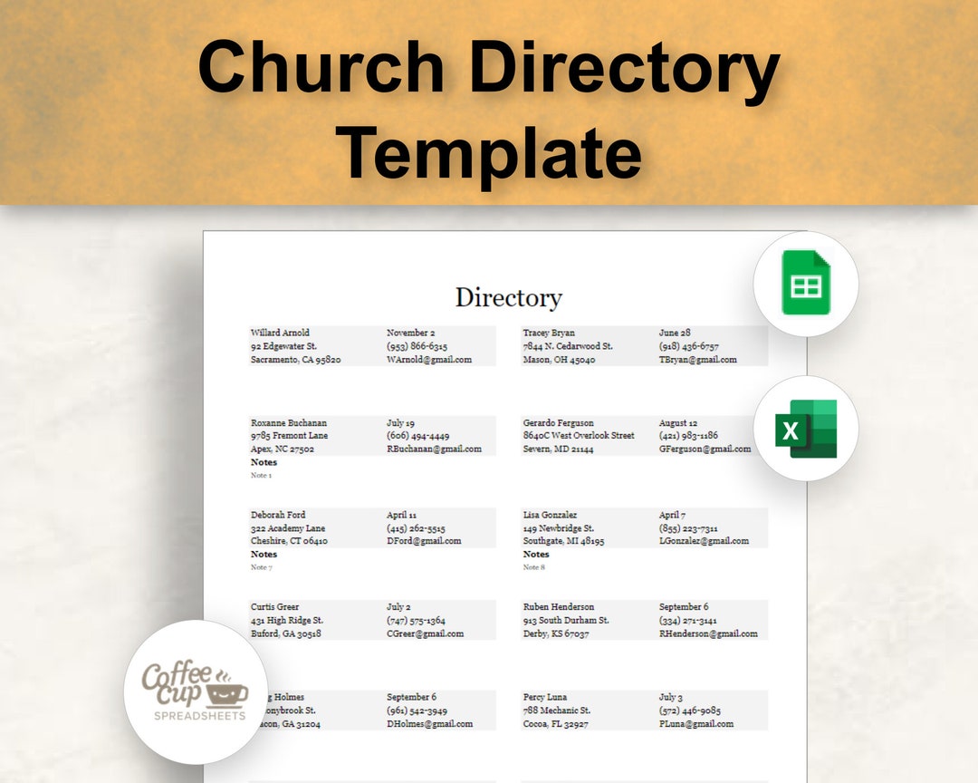 Church Directory Google Sheet - With Birthdays - Etsy